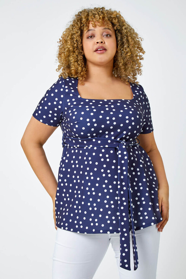 Roman Curve Roman Originals Curve Stretch Polka Dot Peplum Top - ShopStyle