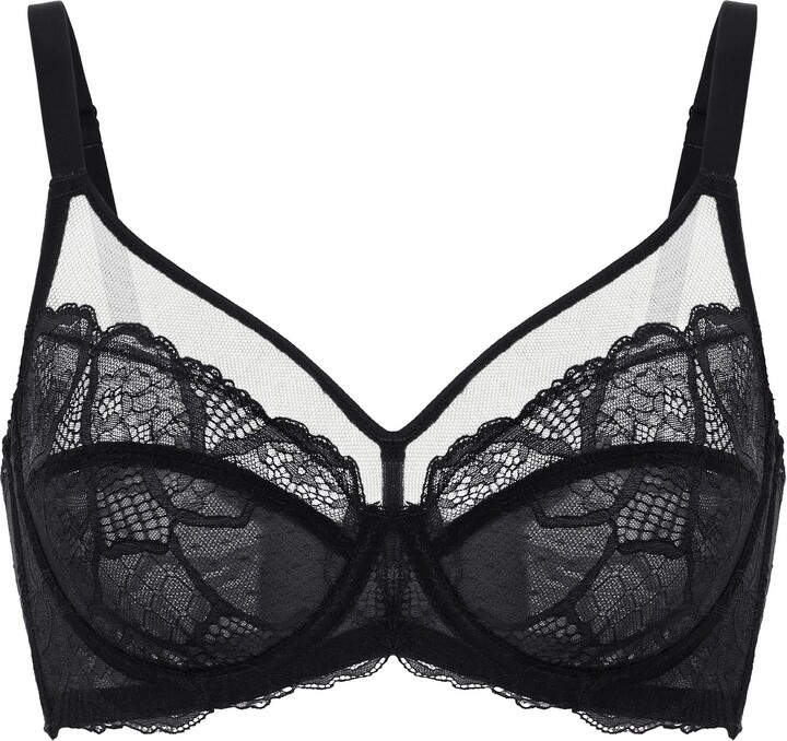 DOBREVA Women's Lace Full Coverage Minimiser Bra Unlined Underwire See Through Plus Size Bra ...