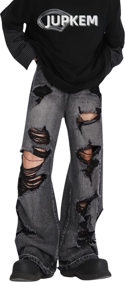 jupkem Baggy Jeans Y2k Ripped Jeans Men Goth Wide Leg Fashion ...