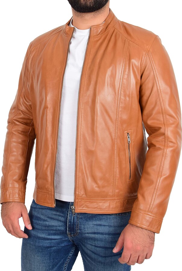 A1 FASHION GOODS Mens Soft Tan Leather Jacket Casual Zip Fasten Coat ...