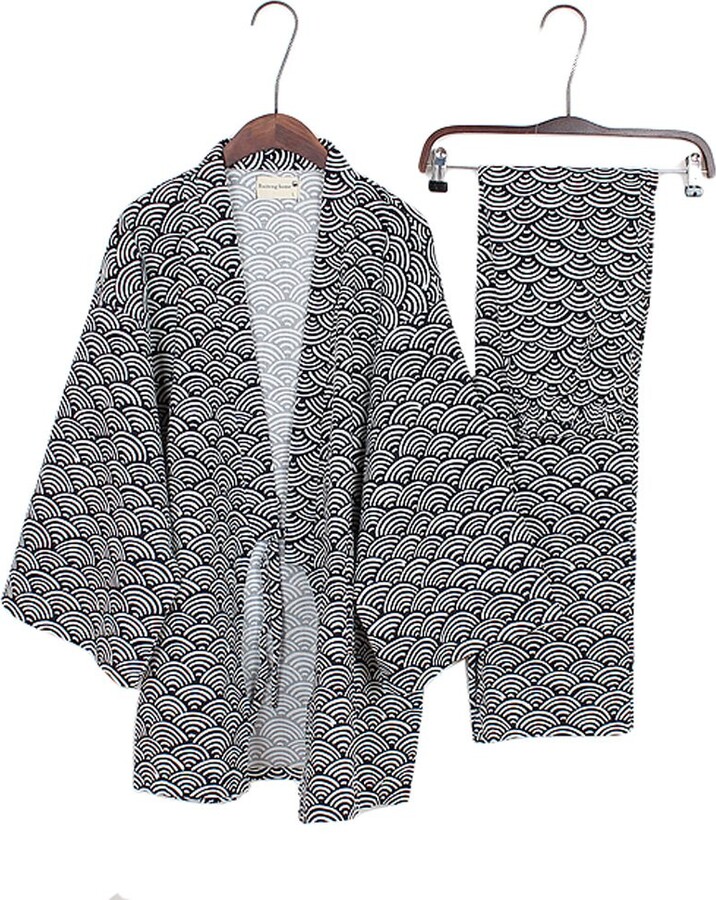 Thefancypumpkin Men's Japanese Style Robes Pure Cotton Kimono Pajamas Suit Dressing Gown Set-#04 ...