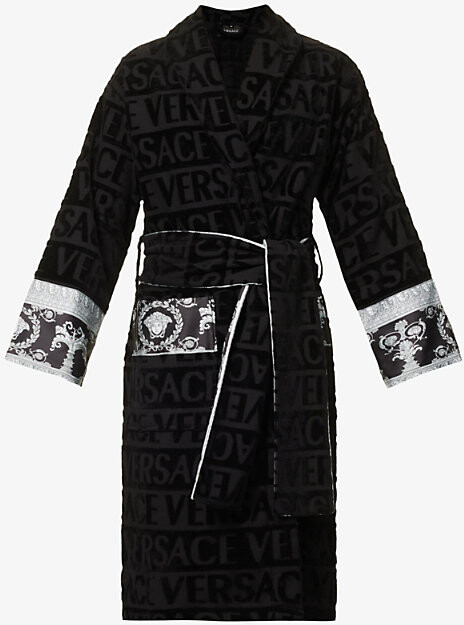 Versace Mens Black/grey Logo and Baroque-print Cotton-towelling Robe ...