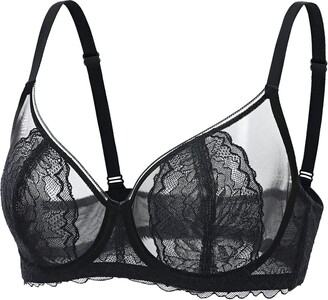 DOBREVA Women's Lace Sexy Bra See Through Sheer Unlined Plus Size Full Coverage Underwire Bras ...