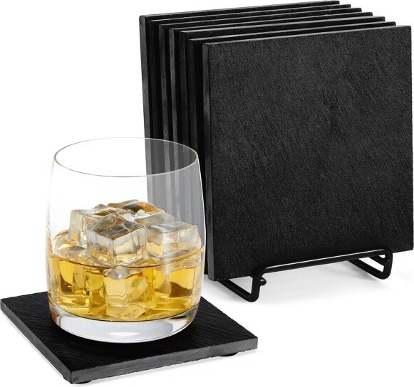 Juvale 8 Piece Set of Square Black Slate Coasters Set with Holder for ...