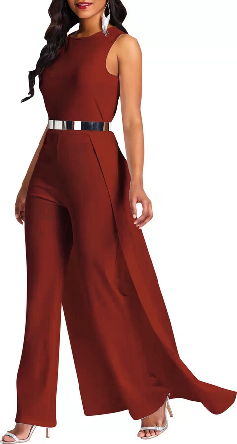 VERWIN Patchwork Overlay Embellished Plain Women's Jumpsuit High-Waist ...