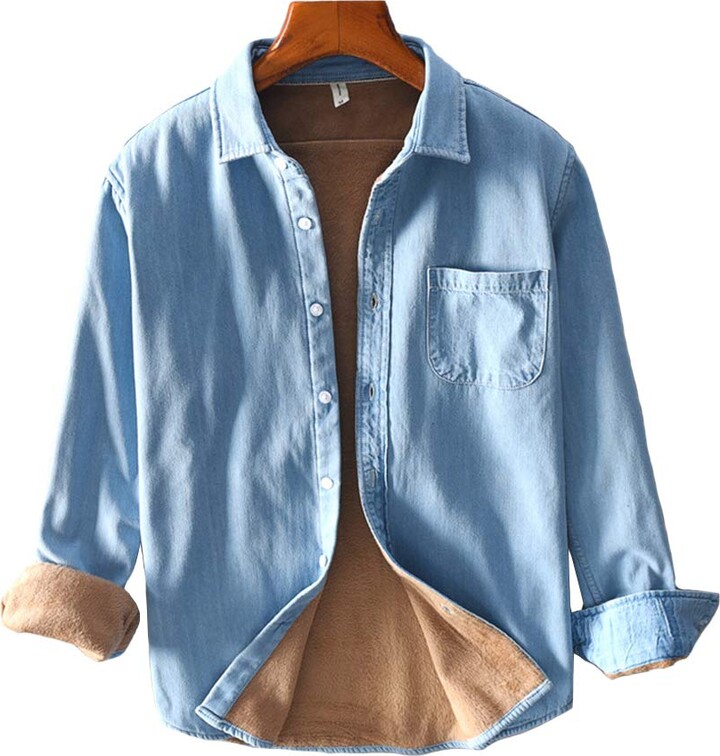 HAORUN Men Lined Denim Shirt Warm Blue Jeans Jacket Regular Collared ...