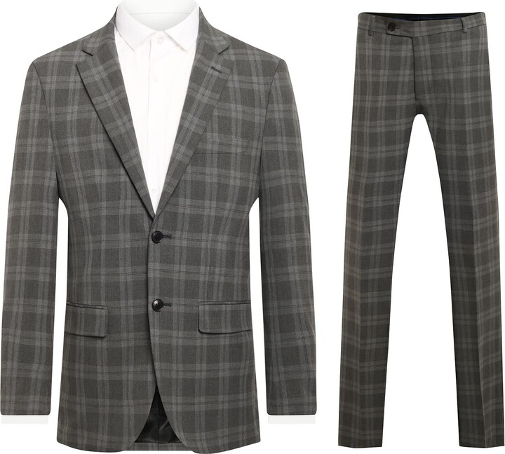 Dobell Mens Grey Shadow Check 2 Piece Suit Regular Fit (52R Jacket with ...