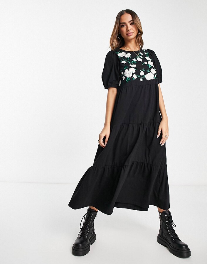 ASOS DESIGN tiered puff sleeve midi dress with floral embroidery ...