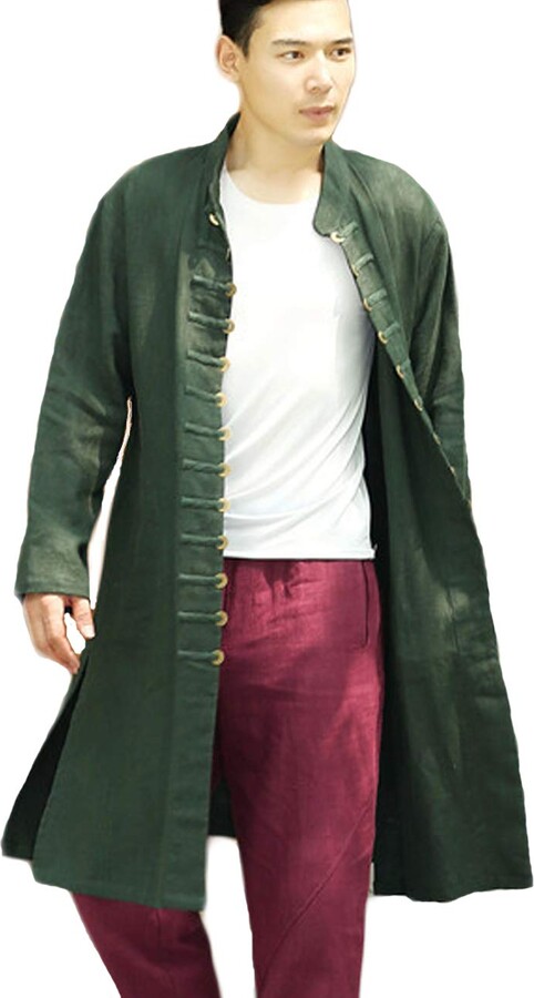 LZJN Men's Long Cardigan Jacket Linen Chinese Style Trench Coat with ...
