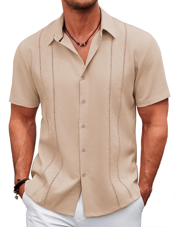 COOFANDY Men's Cuban Guayabera Shirt Casual Short Sleeve Button Down Shirts Summer Beach Shirts ...