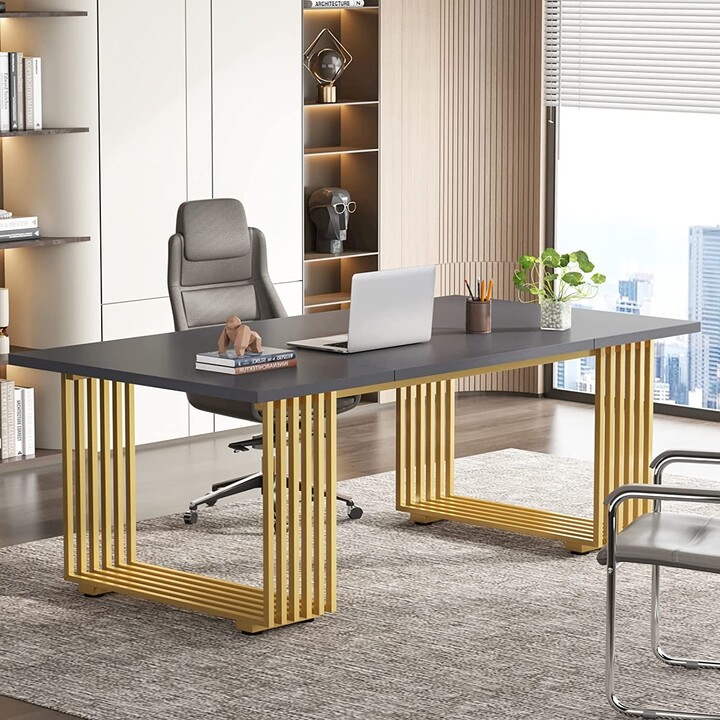 Farfarview 70.9 Inch Modern Office Desk Executive Desk with Gold Metal ...