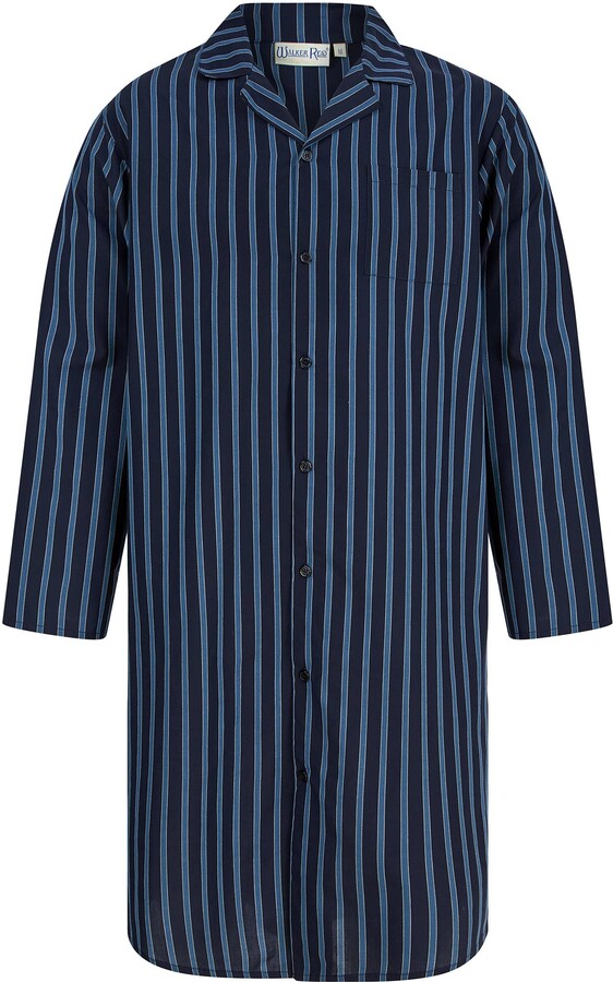 Walker Reid Mens Nightshirt Navy & Mid Blue Striped Woven Cotton Long Sleeve Button Up Collared ...