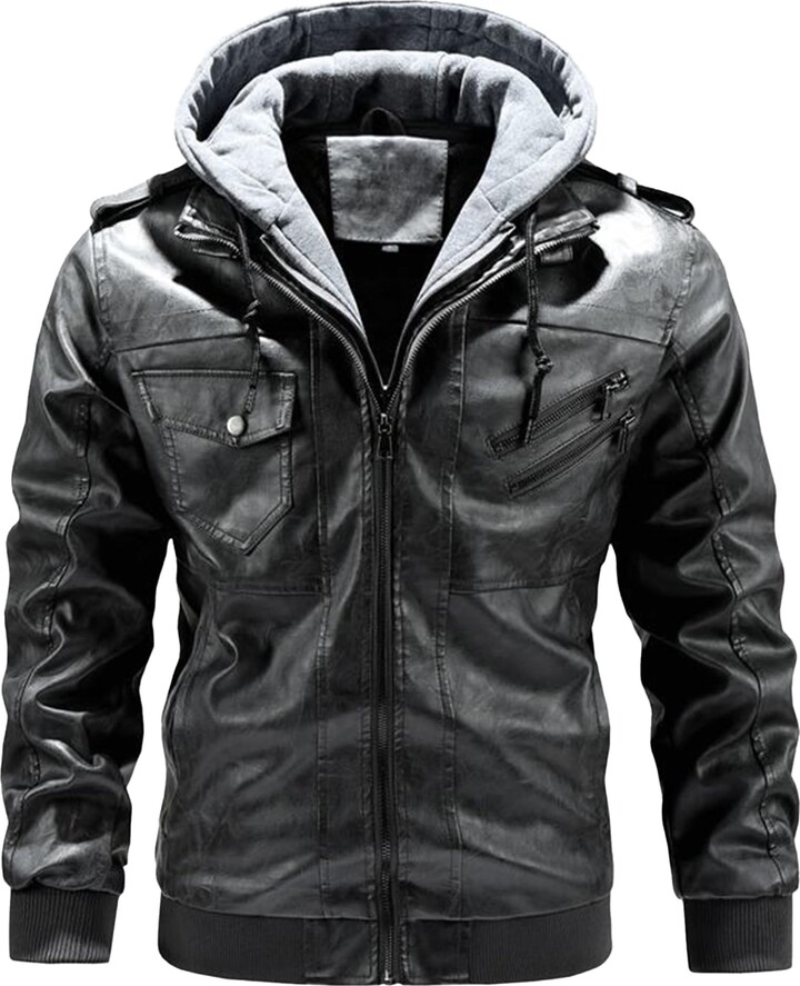 Generic Men'S Hooded Leather Jacket Stand Collar Motorcycle Bomber ...