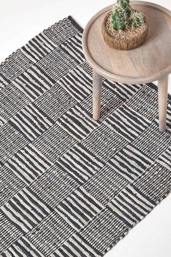Homescapes Real Leather Handwoven Striped Block Check Rug - ShopStyle