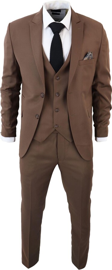 TruClothing Men's Classic Brown Suit 3 Piece Tailored Fit Vintage ...