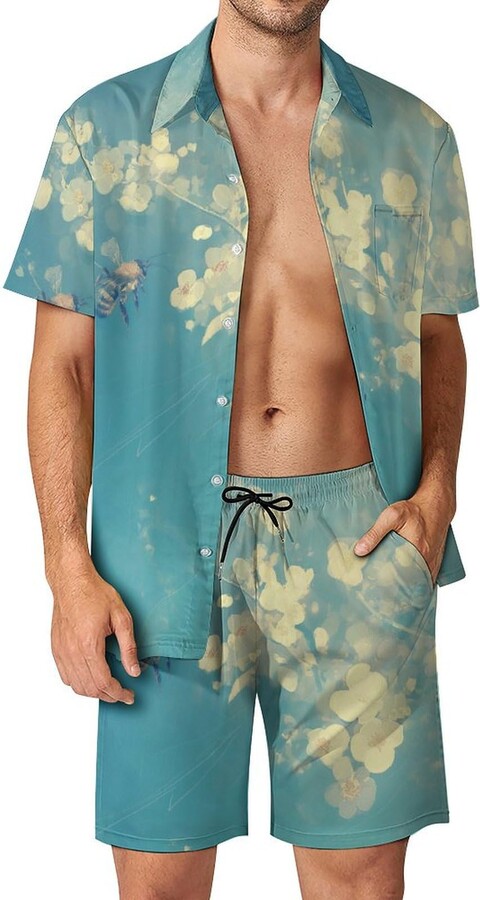 XJLAPWS Button-Down Shirt And Short Set Bee And Flowers Men's Summer ...