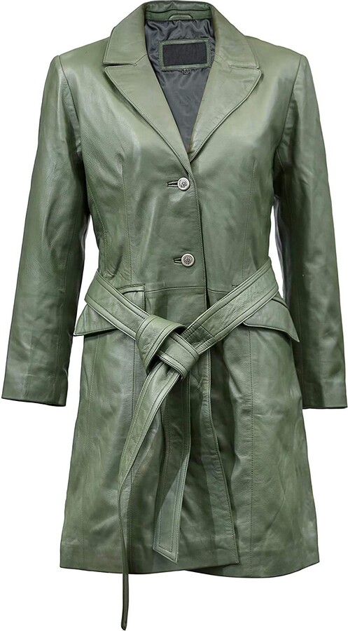 HiFacon Womens Green Leather Trench Coat Robe Belt | Real Leather Long ...