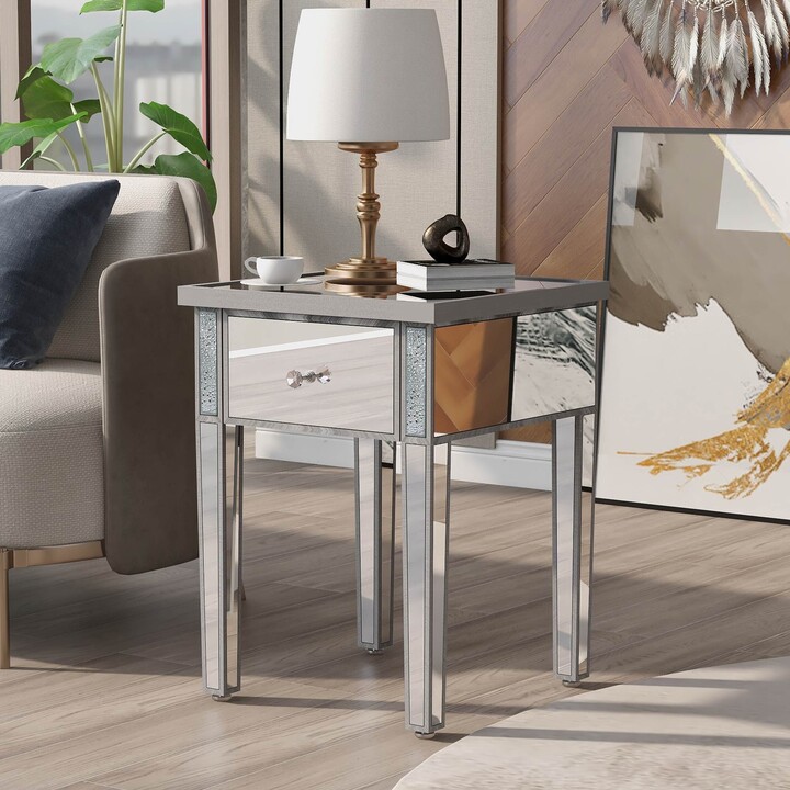 TiramisuBest Modern Glass Mirrored End Table w/Drawer, Corner Table for ...