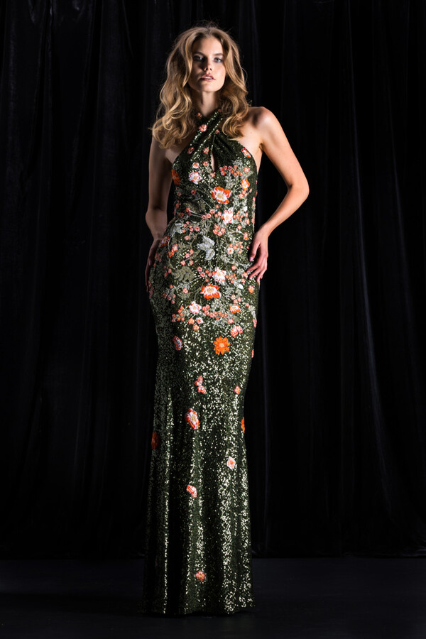 Naeem Khan Floral Applique Telio Cross Tie Neck Gown - ShopStyle ...