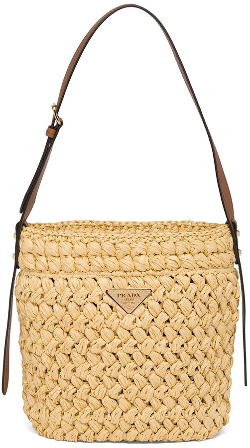 Prada Crocheted Raffia And Leather Bucket Bag - ShopStyle