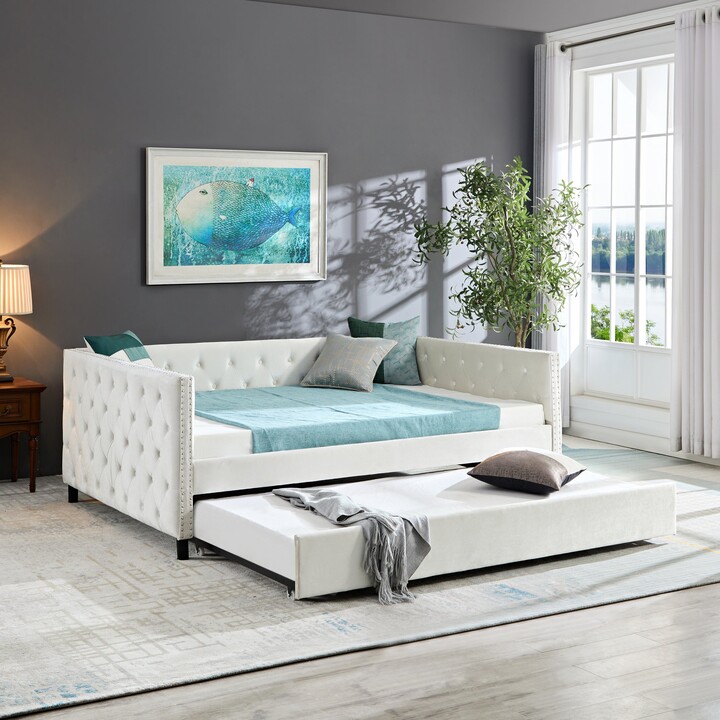 HOMEBAY Daybed with Trundle, Upgraded Velvet Upholstered Full Size Day ...
