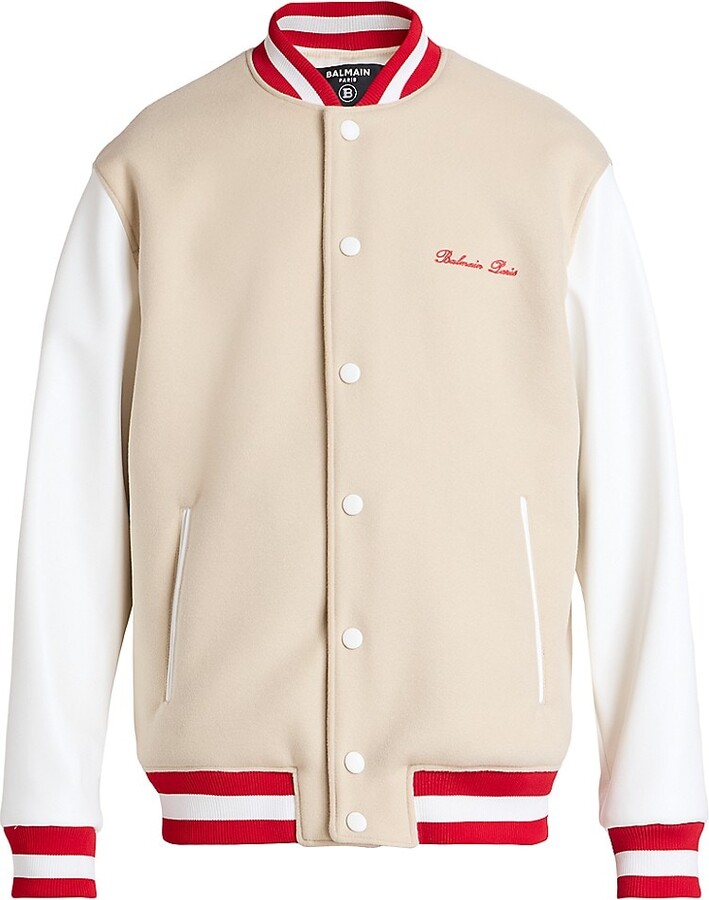 Balmain Men's Signature Logo Varsity Bomber Jacket - Ivory Blanc - Size ...
