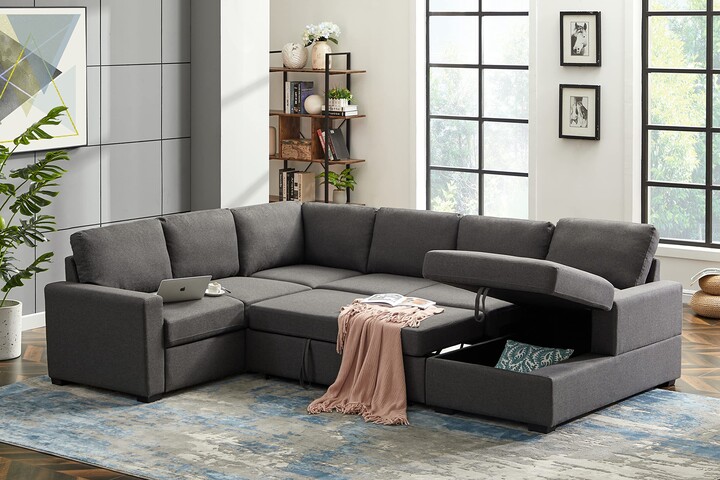 FULife U-Shaped Oversized Modular Sectional Sofa with Pull Out Sleeper Bed and Wide Storage ...