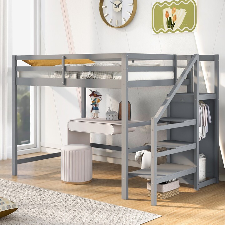 RASOO Full Size Pine Loft Bed with Built-in Storage Wardrobe and ...