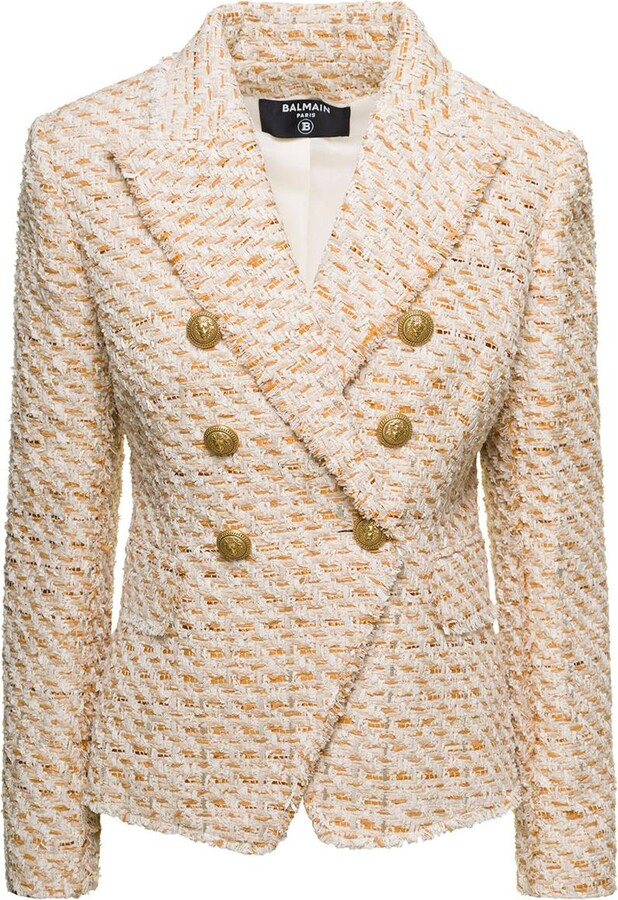 Balmain Beige Double-Breasted Jacket with Gold-Colored Branded Buttons ...