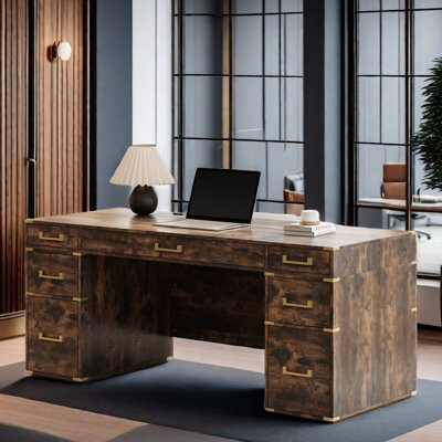 Loon Peak Jenisha Traditional Executive Desk with 2 File Drawers, USB ...