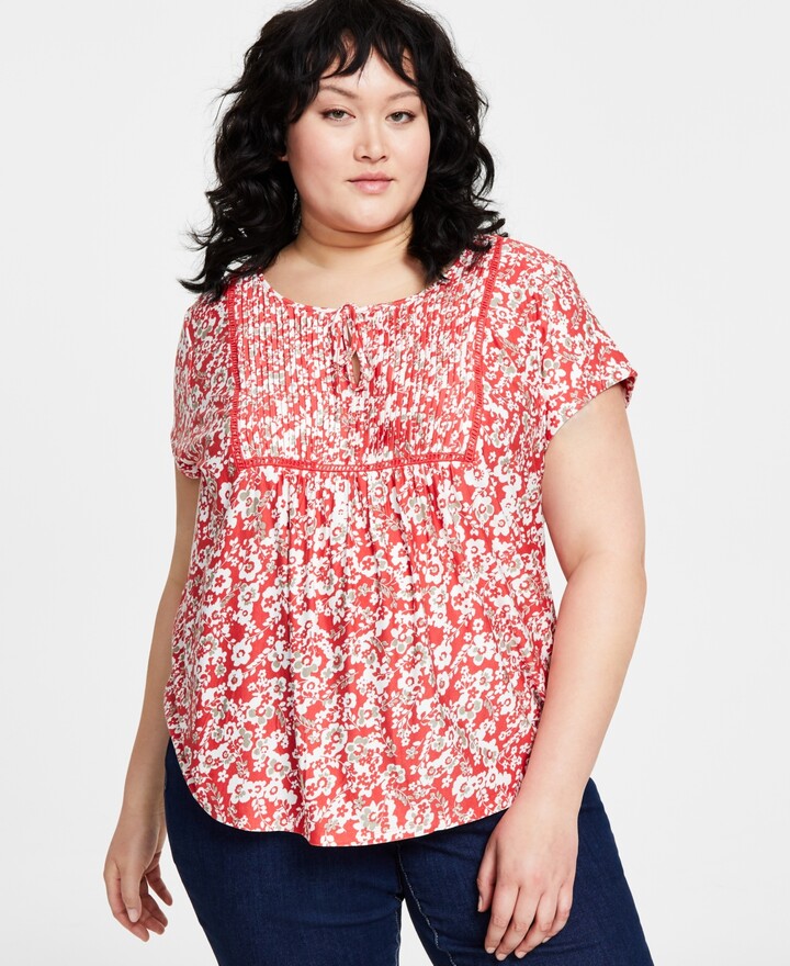 Tommy Hilfiger Plus Size Floral Short-Sleeve Pintuck Top - ShopStyle