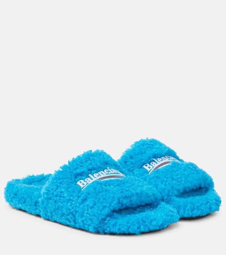 Balenciaga Logo faux shearling slides - ShopStyle