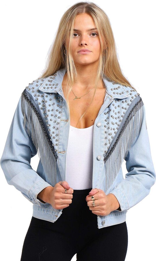 SS7 Womens Relaxed Fit Denim Jacket with Stud Chain Tassel Detail Light ...
