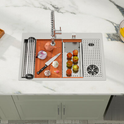 OUMUCH 33" L X 18" W Drop-In Single Bowl Workstation 304 Stainless ...