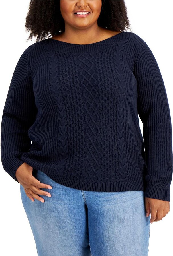 Tommy Hilfiger Plus Cate Womens Envelope Neck Cable Knit Crewneck ...