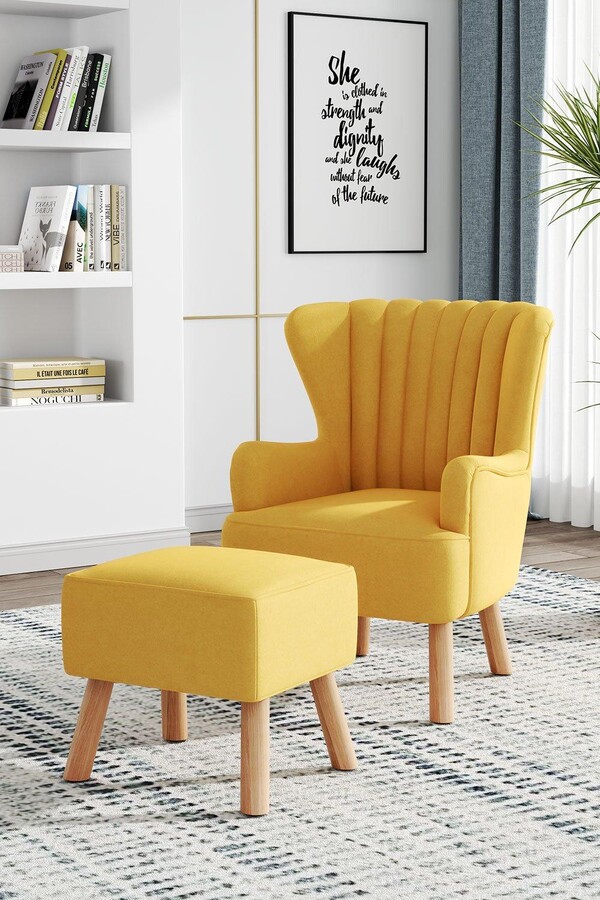 Living and Home Contemporary Upholstered Wingback Chair and Footstool ...