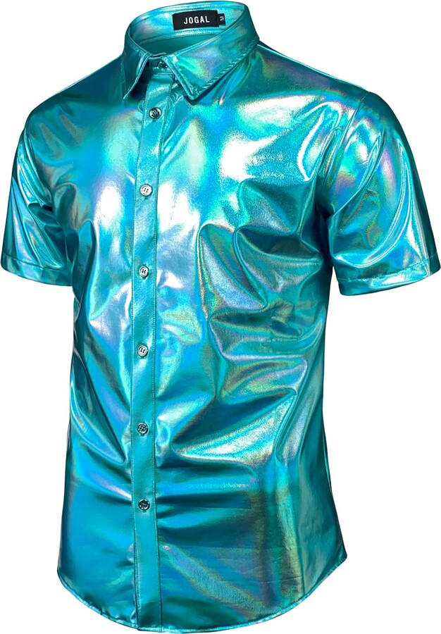 JOGAL Men's 70s Disco Shiny Metallic Gold Silver Short Sleeve Button ...