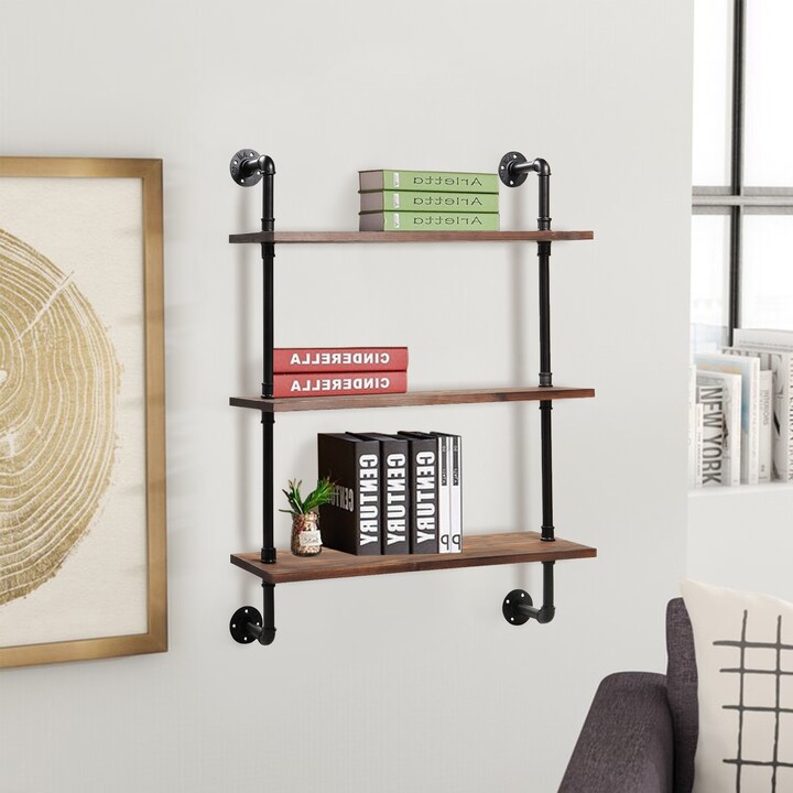 WELLFOR 3-Tier Industrial Wall-Mounted Pipe Shelf with Metal Frame ...