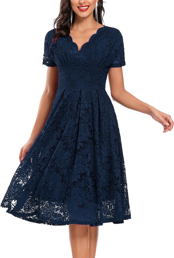 MAYFASEY Women Floral Lace Bridesmaid Party Dress Short Prom Dress V Neck Short Sleeve Cocktail ...