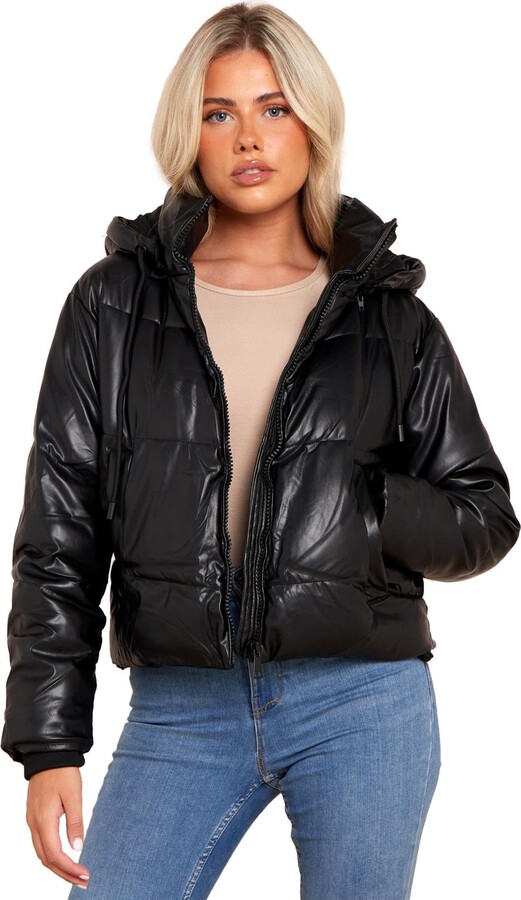 SS7 Womens PU Padded Jacket Puffer Coat Black Bomber - ShopStyle