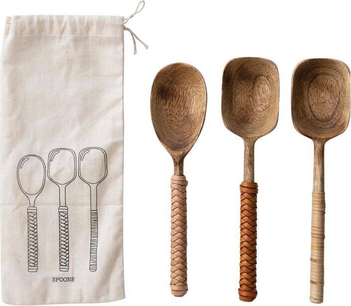 Storied Home Natural Mango Wood Spoons with Bamboo and Leather Wrapped ...