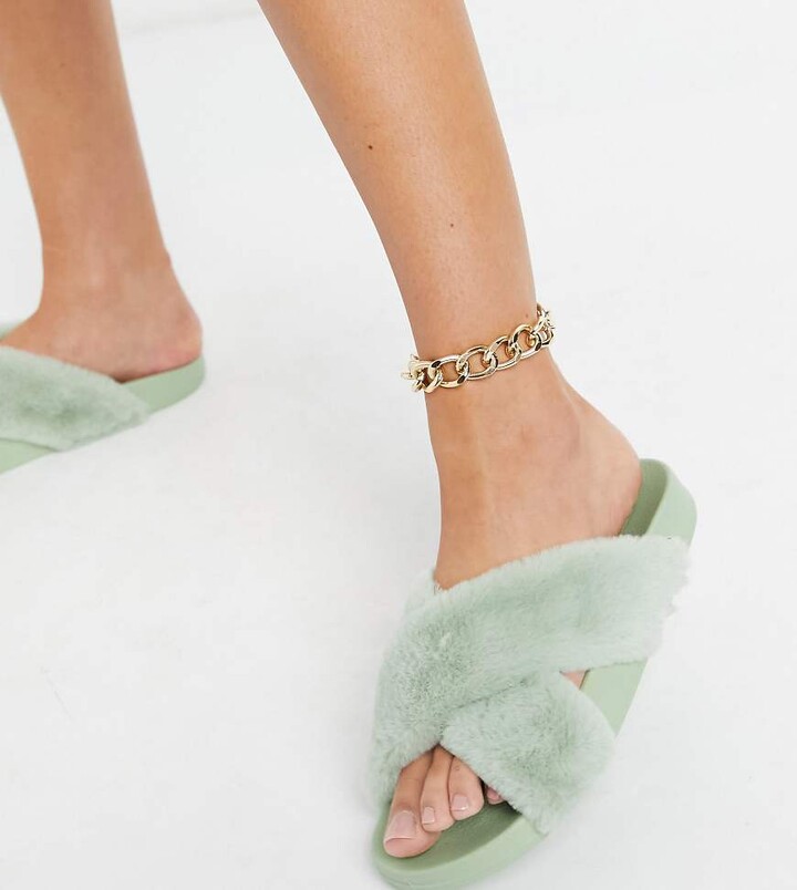 ASOS DESIGN Wide Fit Fiona fluffy crossover sliders in sage green ...