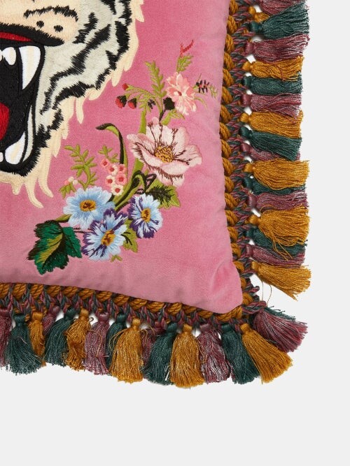 Gucci Guccification Tiger-embroidered Velvet Cushion - Pink Multi ...