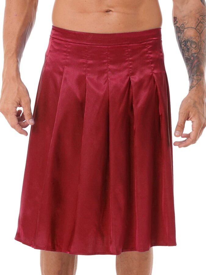 Freebily Men's Kilts Solid Color Pleated Satin Midi Skirt Loungewear ...