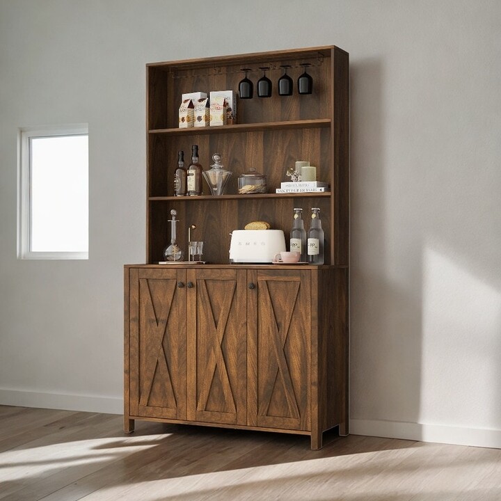 IGEMAN Rustic Large Pantry Storage Cabinet with Wine Rack and Open ...
