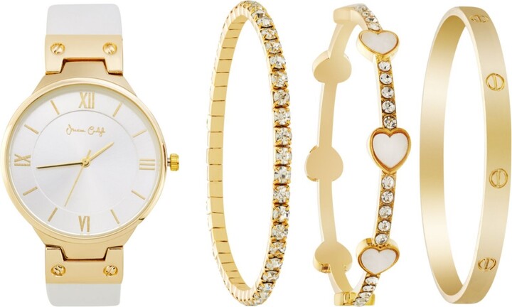 Jessica Carlyle Women's White Leather Strap Watch 38mm Gift Set, 4 ...