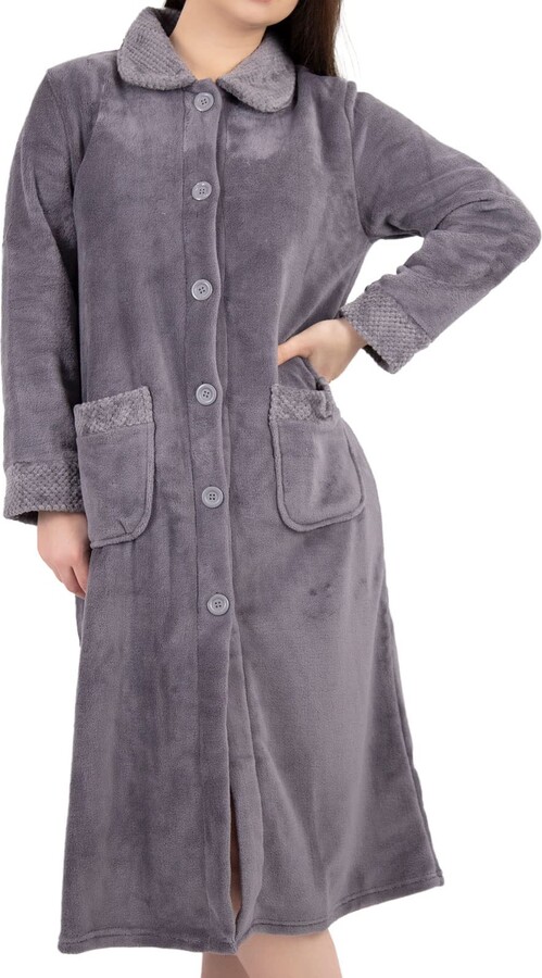 Slenderella Ladies Button Up Coral Fleece Dressing Gown Bath Robe with ...