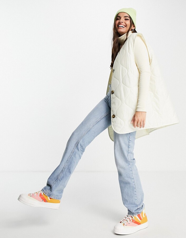 ASOS DESIGN quilted collarless vest in cream - ShopStyle
