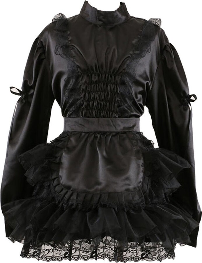 GOceBaby Women Sissy Lockable Black Satin Lace Maid Uniform Gothic ...