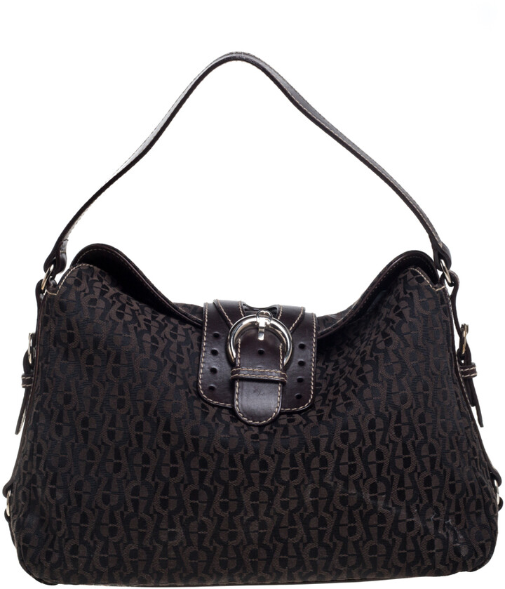 Aigner Dark Brown Signature Canvas and Leather Buckle Flap Shoulder Bag ...